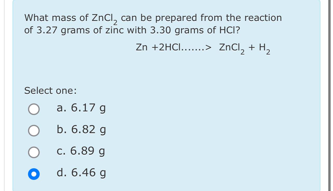 What mass of ZnCl2 ﻿can be prepared from the reaction | Chegg.com