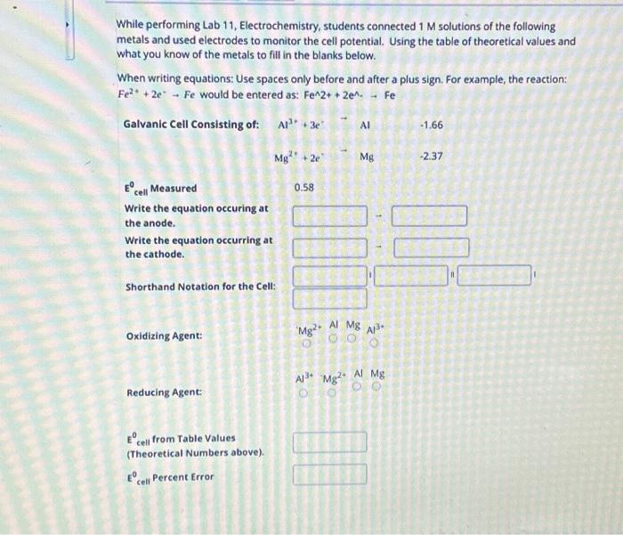 Solved While performing Lab 11, Electrochemistry, students | Chegg.com