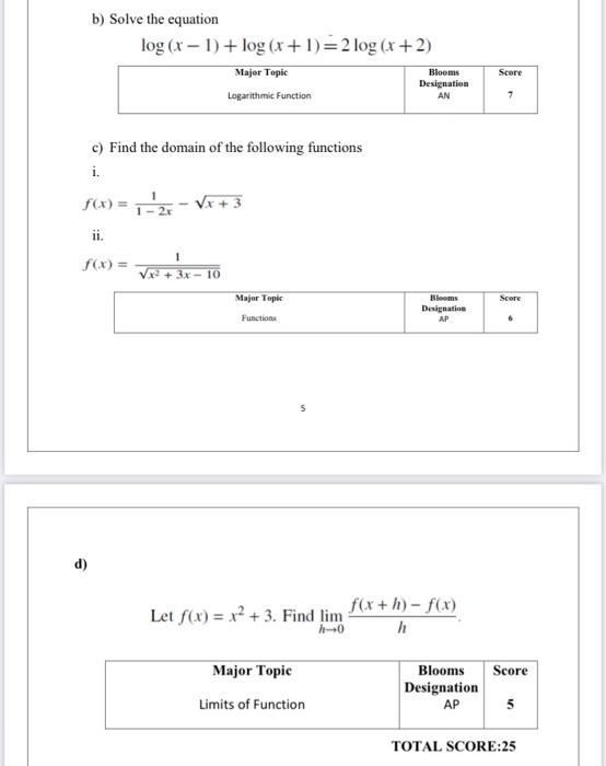 Solved b) Solve the equation log(x−1)+log(x+1)=2log(x+2) c) | Chegg.com