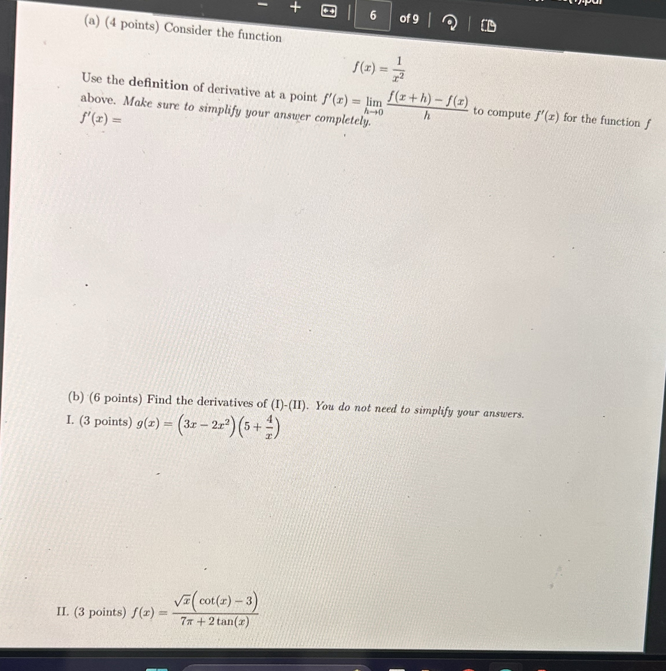 Solved 6(a) (4 ﻿points) ﻿Consider the functionf(x)=1x2Use | Chegg.com