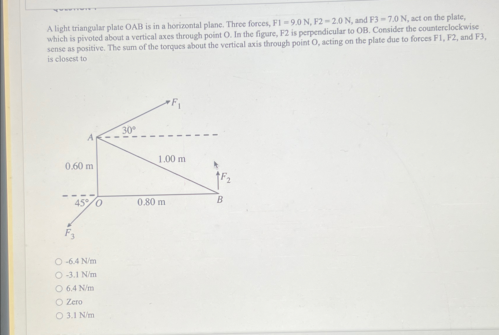 Solved A light triangular plate OAB is in a horizontal | Chegg.com