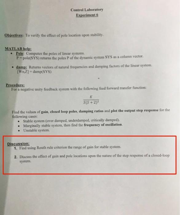 Solved Control Laboratory Experiment Obiectives: To verify | Chegg.com