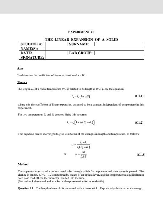 Solved EXPERIMENT CI THE LINEAR EXPANSION OF A SOLID STUDENT | Chegg.com