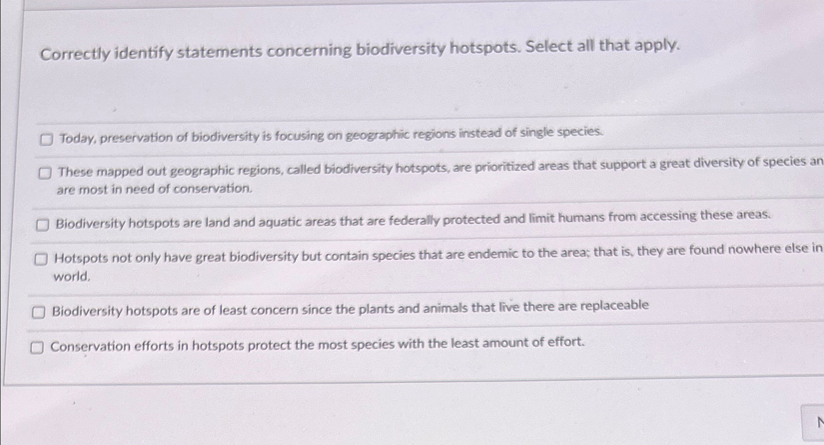 Solved Correctly identify statements concerning biodiversity | Chegg.com