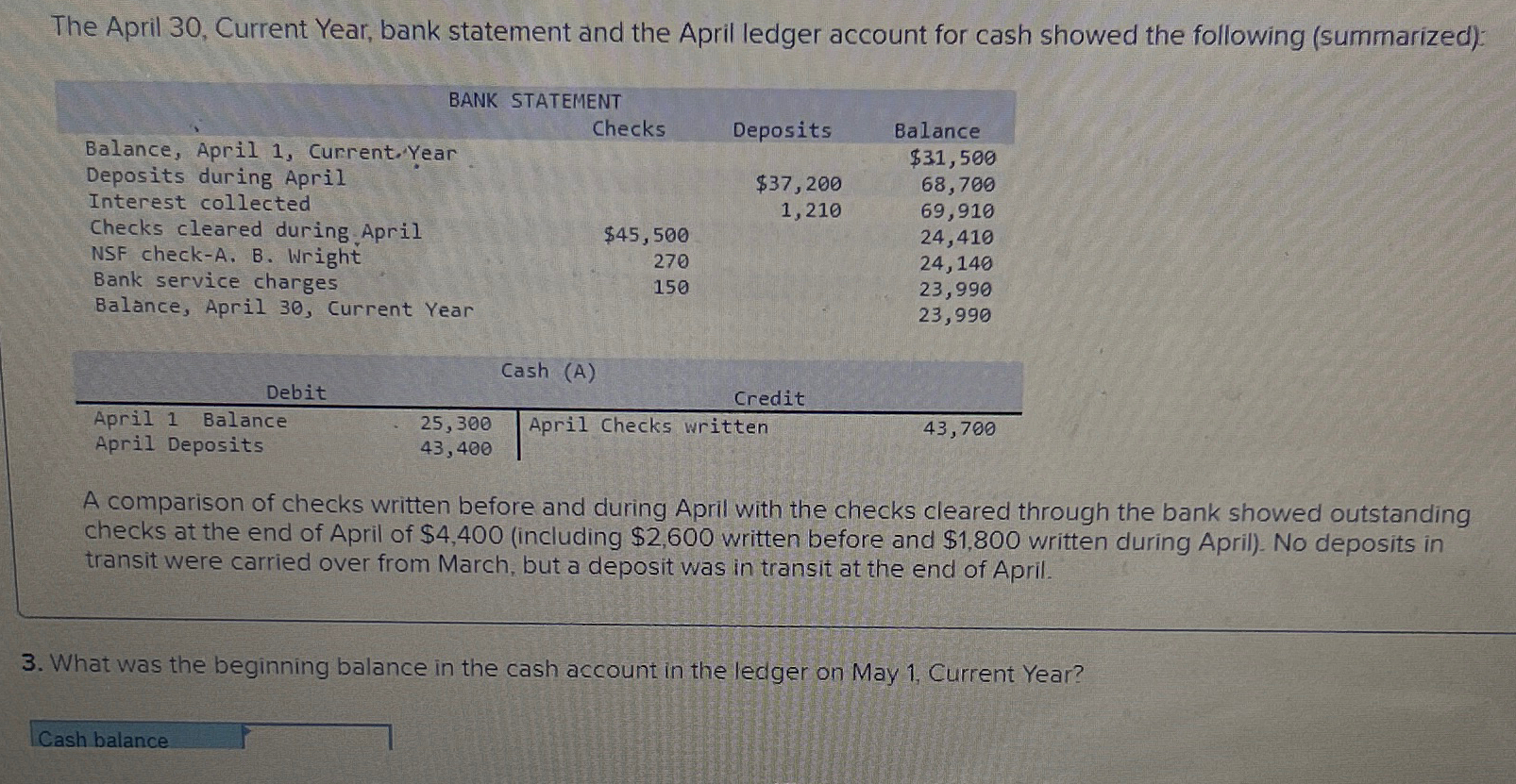 Solved The April 30, ﻿Current Year, bank statement and the | Chegg.com