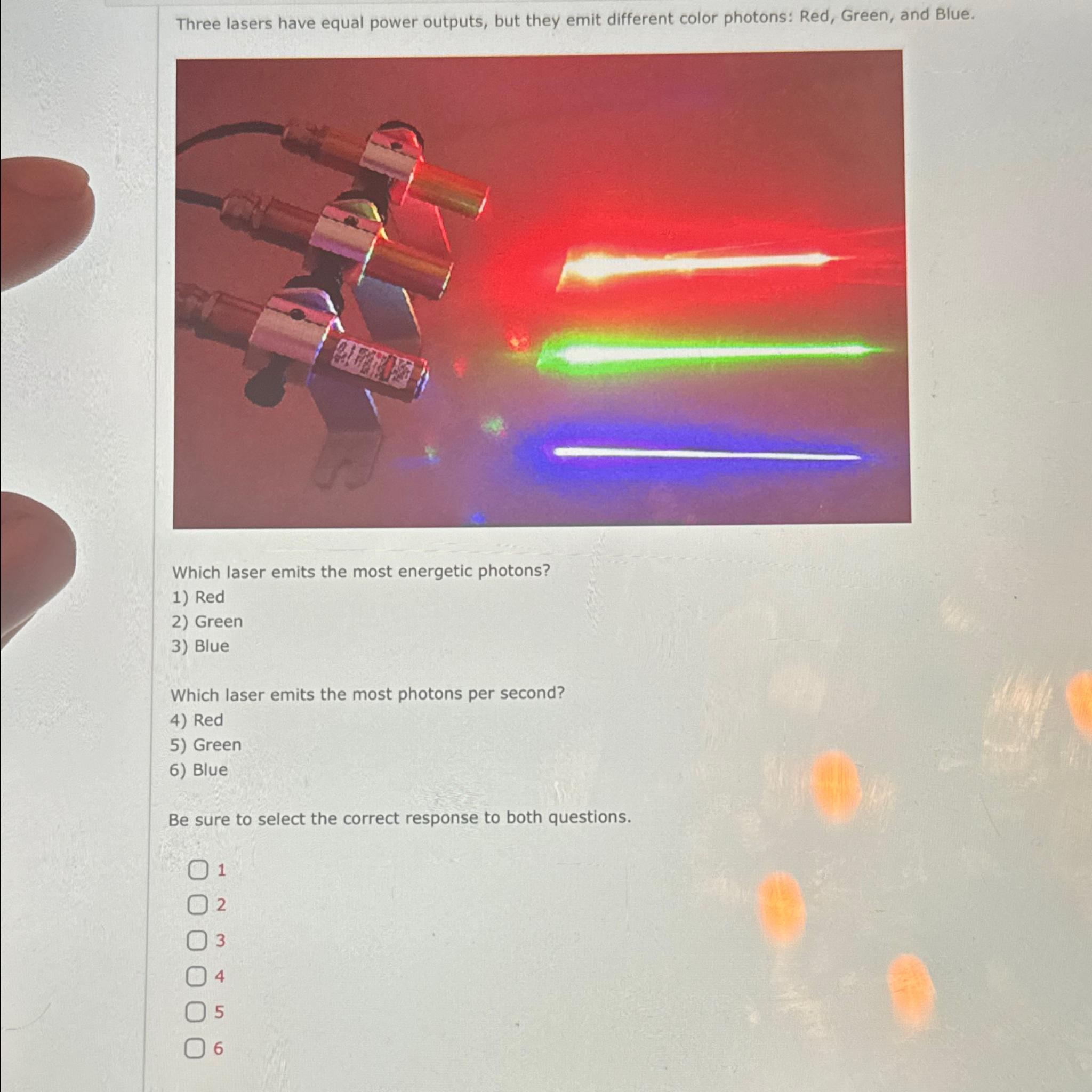 Solved Three lasers have equal power outputs, but they emit | Chegg.com