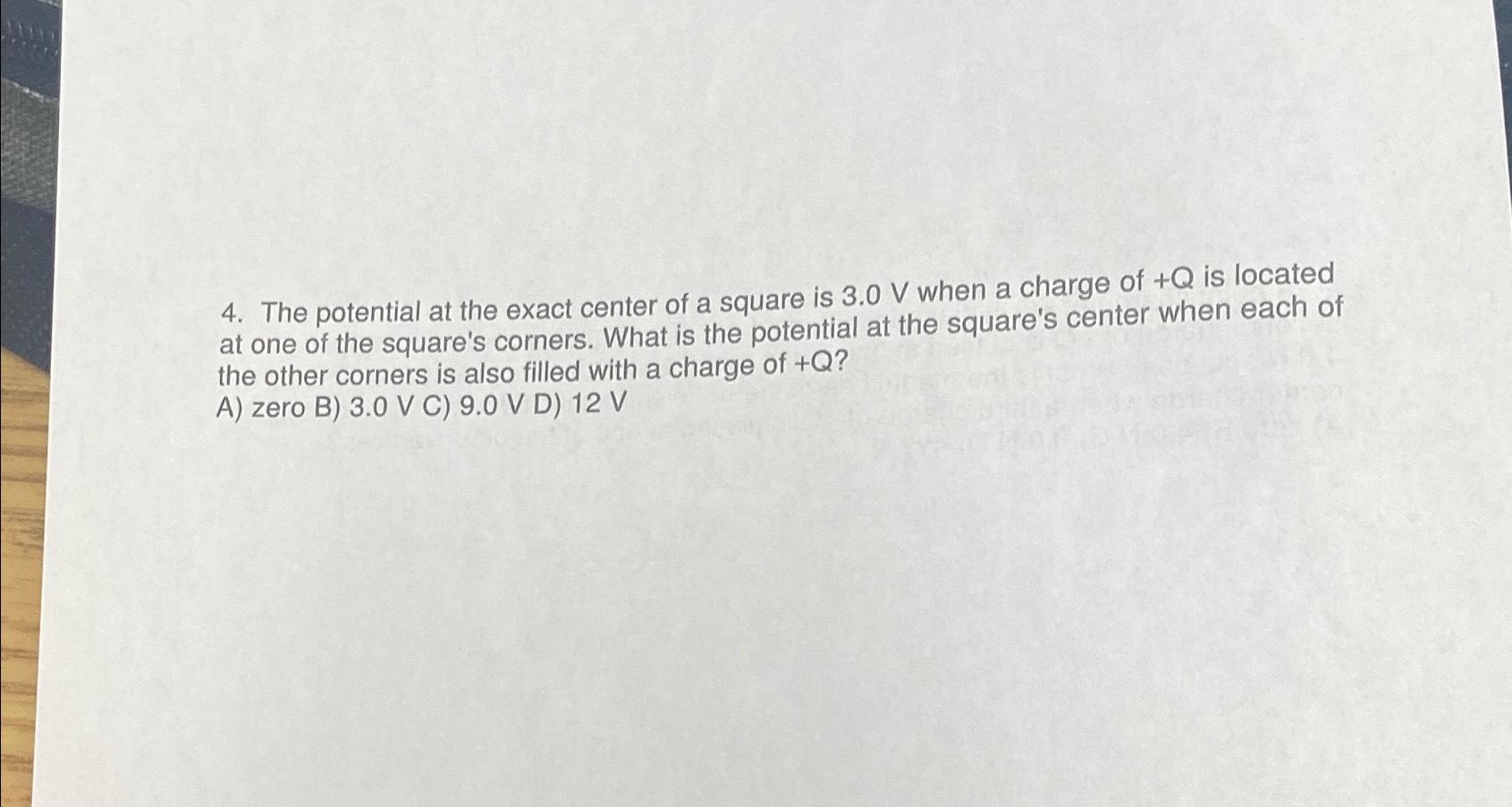 Solved The potential at the exact center of a square is 3.0V | Chegg.com