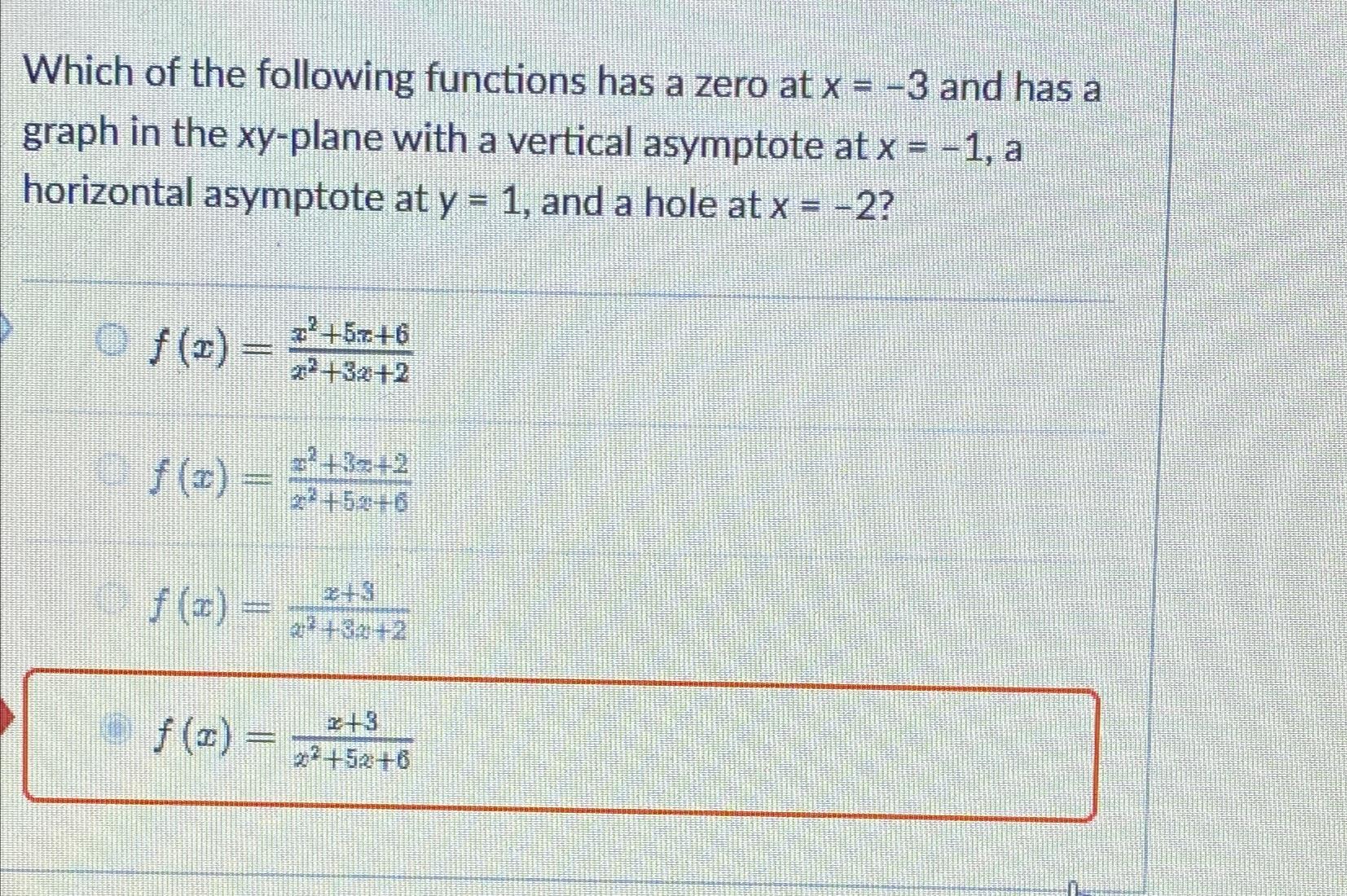 Solved Which of the following functions has a zero at x=-3 | Chegg.com