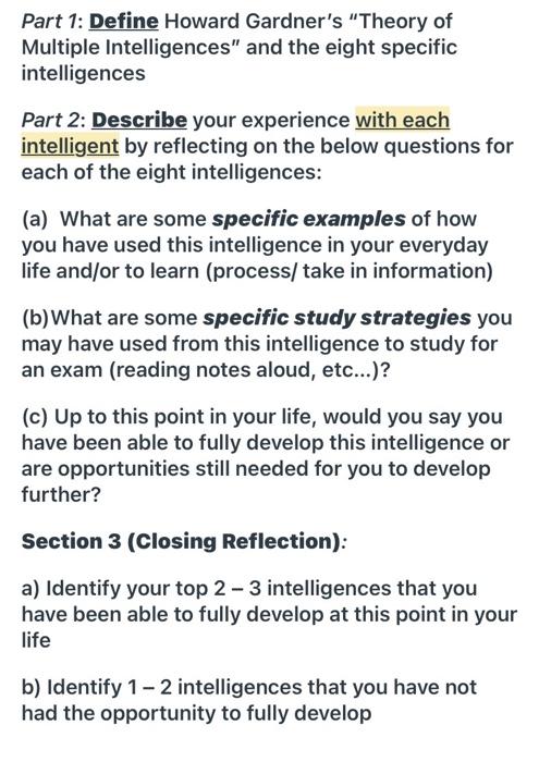 Solved Part 1: Define Howard Gardner's "Theory of Multiple | Chegg.com