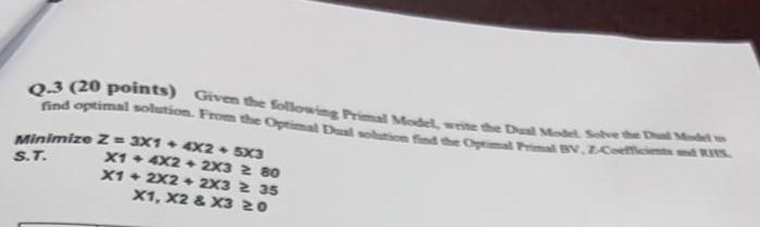 Solved 0-3 (20 points) Given the following Primal Model, | Chegg.com