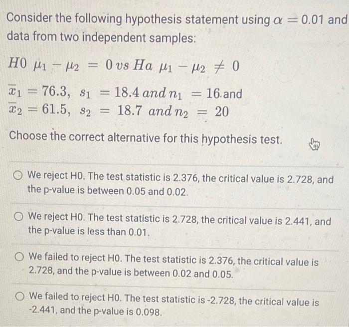 Solved Consider the following hypothesis statement using | Chegg.com
