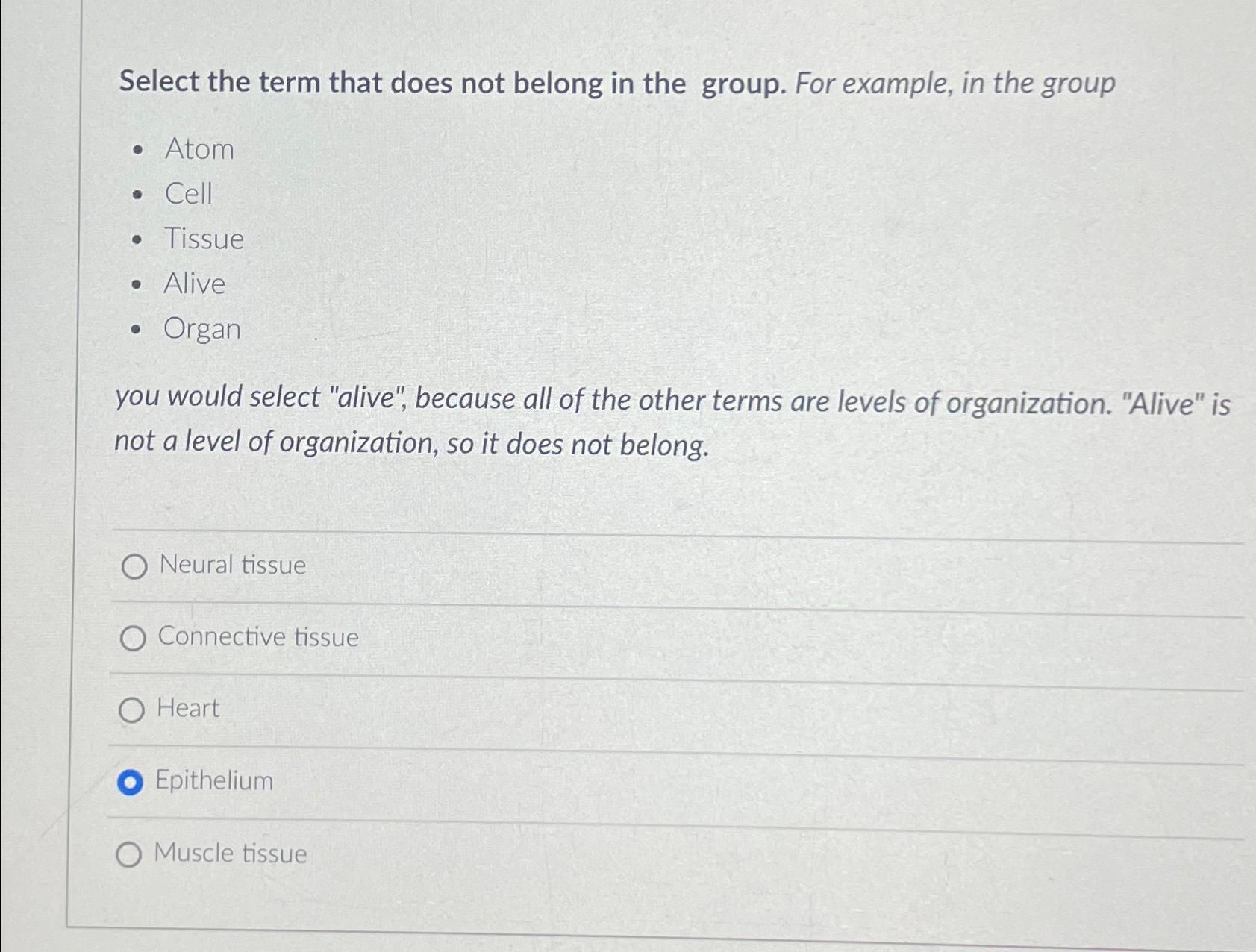 Solved Select the term that does not belong in the group. | Chegg.com