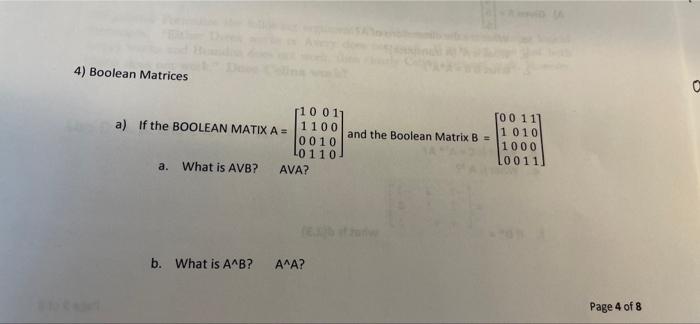 Solved 4) Boolean Matrices a 110 011 TO O 11 a) If the | Chegg.com