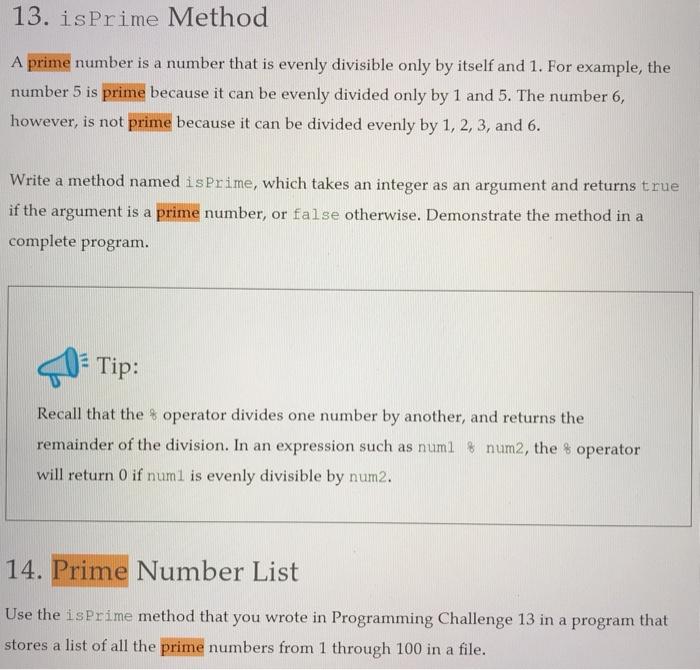 Solved 13. is Prime Method A prime number is a number that | Chegg.com