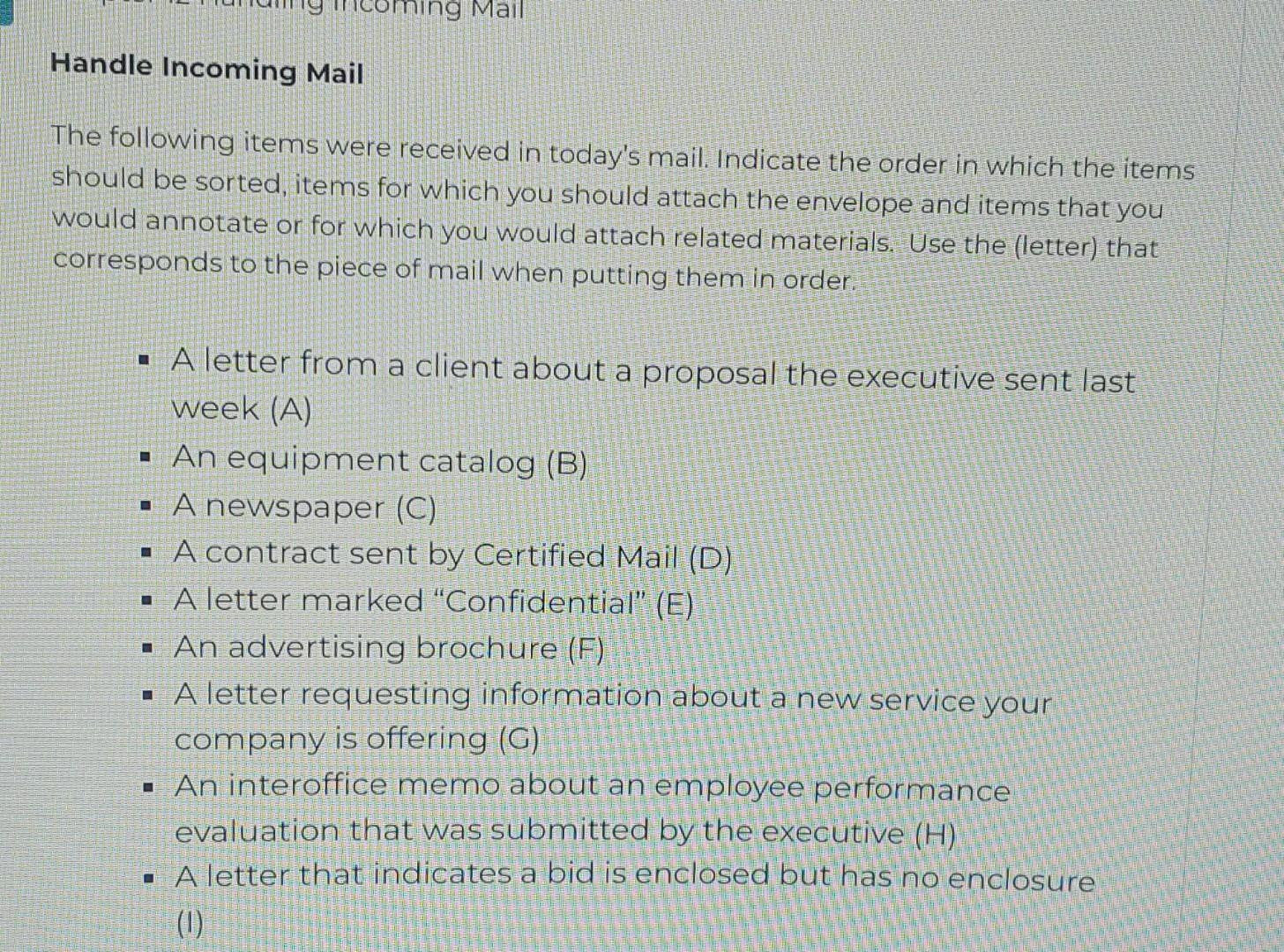 Solved landle Incoming Mail he following items were received | Chegg.com