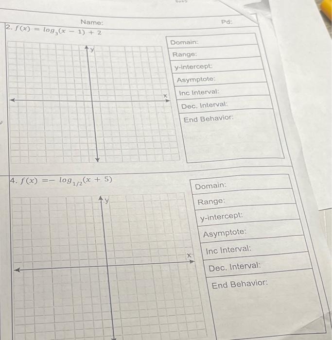 Solved Name: 2. f(x)=log3(x−1)+2 Pd: Domain: Range: | Chegg.com