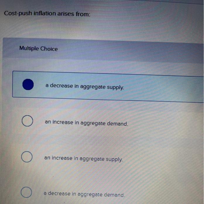 Solved Cost-push inflation arises from: Multiple Choice a | Chegg.com