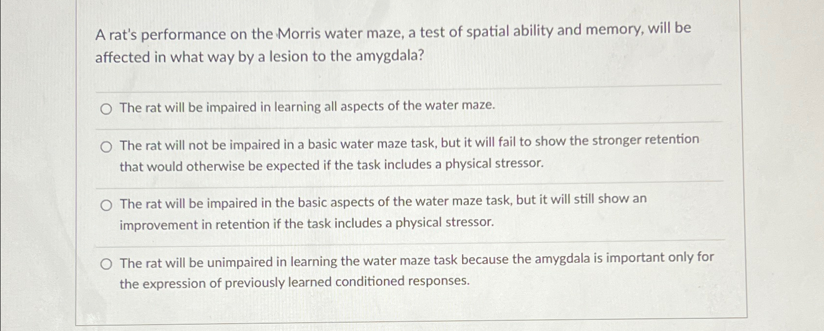 Solved A rat's performance on the Morris water maze, a test | Chegg.com