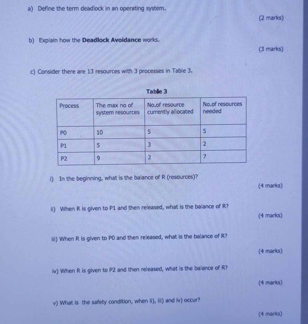 Solved a) Define the term deadlock in an operating system. | Chegg.com