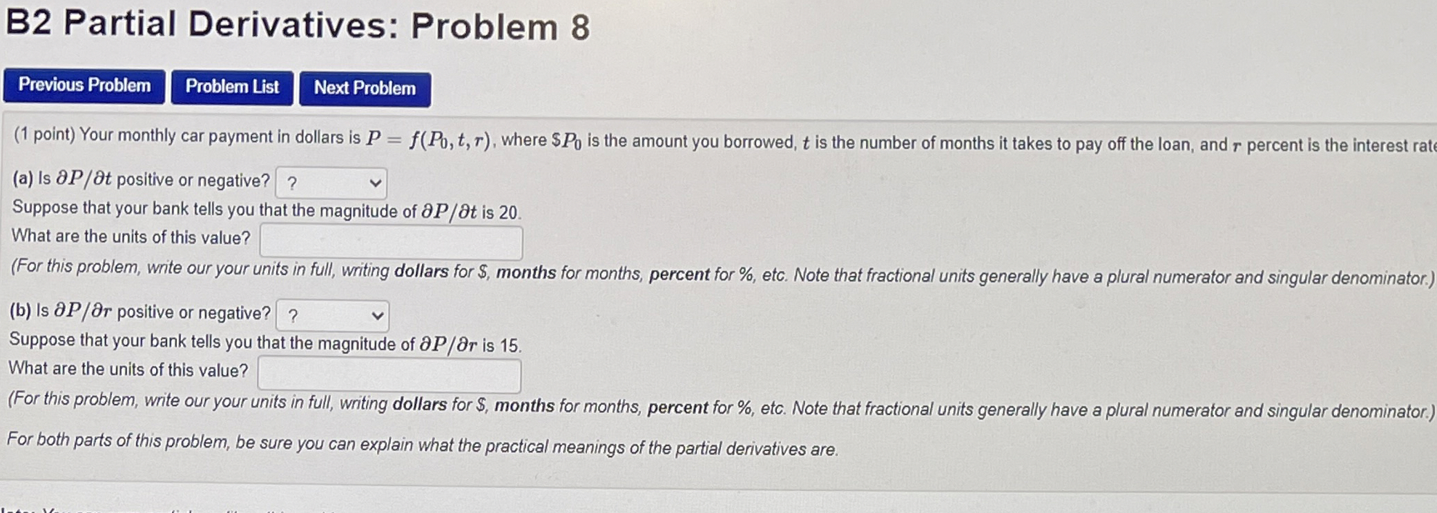 Solved B2 ﻿Partial Derivatives: Problem 8(1 ﻿point) ﻿Your | Chegg.com