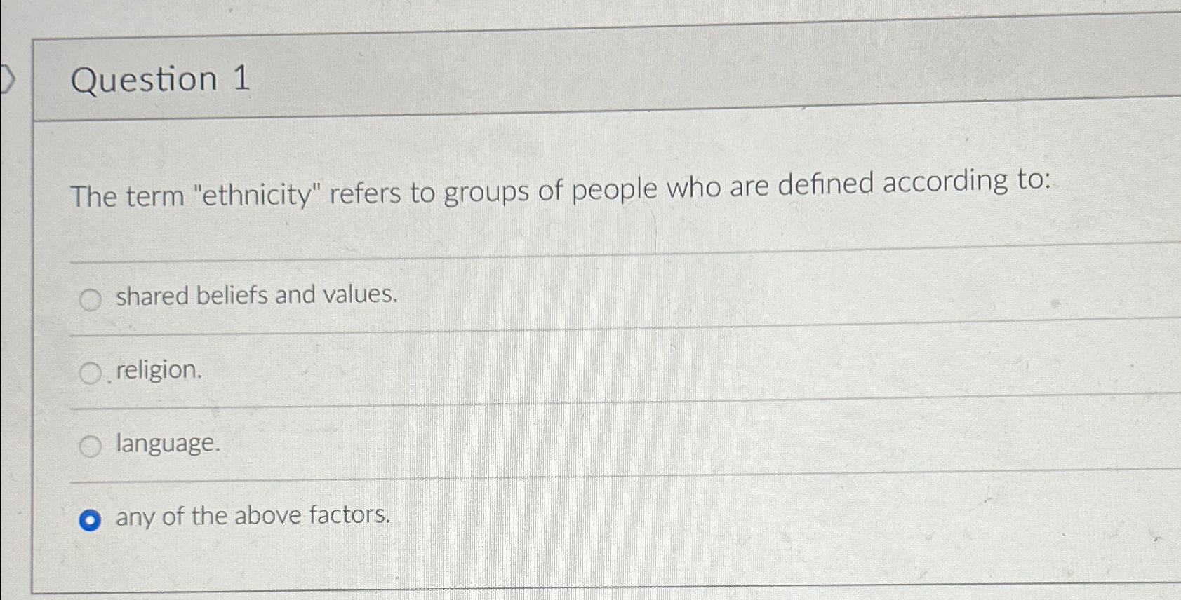 Solved Question 1The term "ethnicity" refers to groups of | Chegg.com