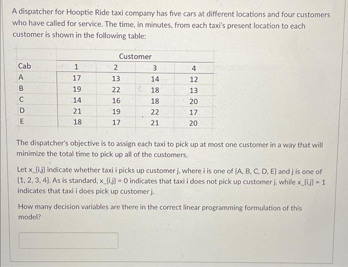 Solved A dispatcher for Hooptie Ride taxi company has five | Chegg.com
