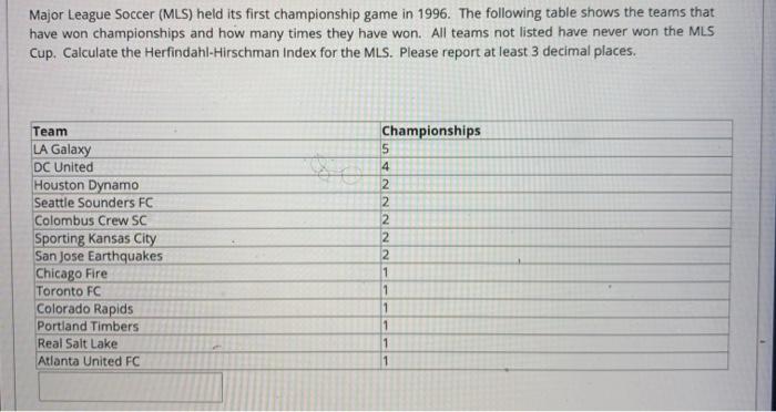 Solved Major League Soccer (MLS) held its first championship | Chegg.com