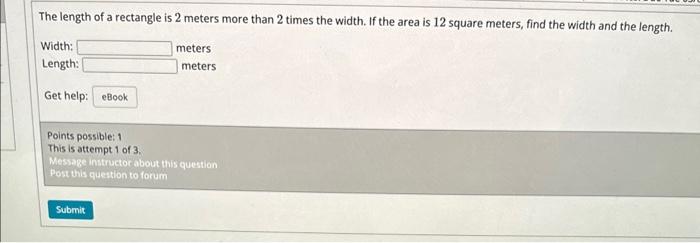 Solved The length of a rectangle is 2 meters more than 2 | Chegg.com