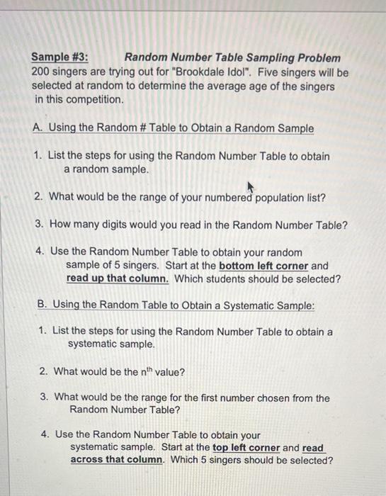Solved Sample \#3: Random Number Table Sampling Problem 200 | Chegg.com