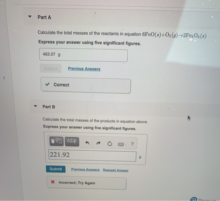 Solved Part A Calculate the total masses of the reactants in | Chegg.com