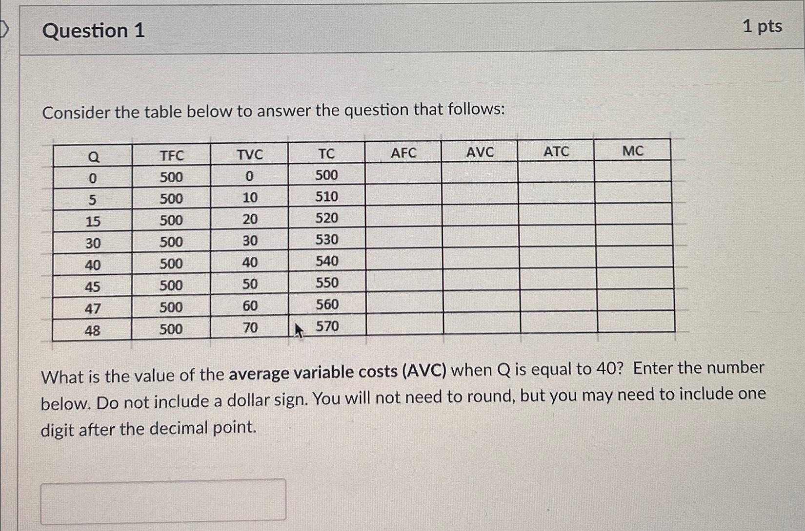 Solved Question 11 ﻿ptsConsider the table below to answer | Chegg.com