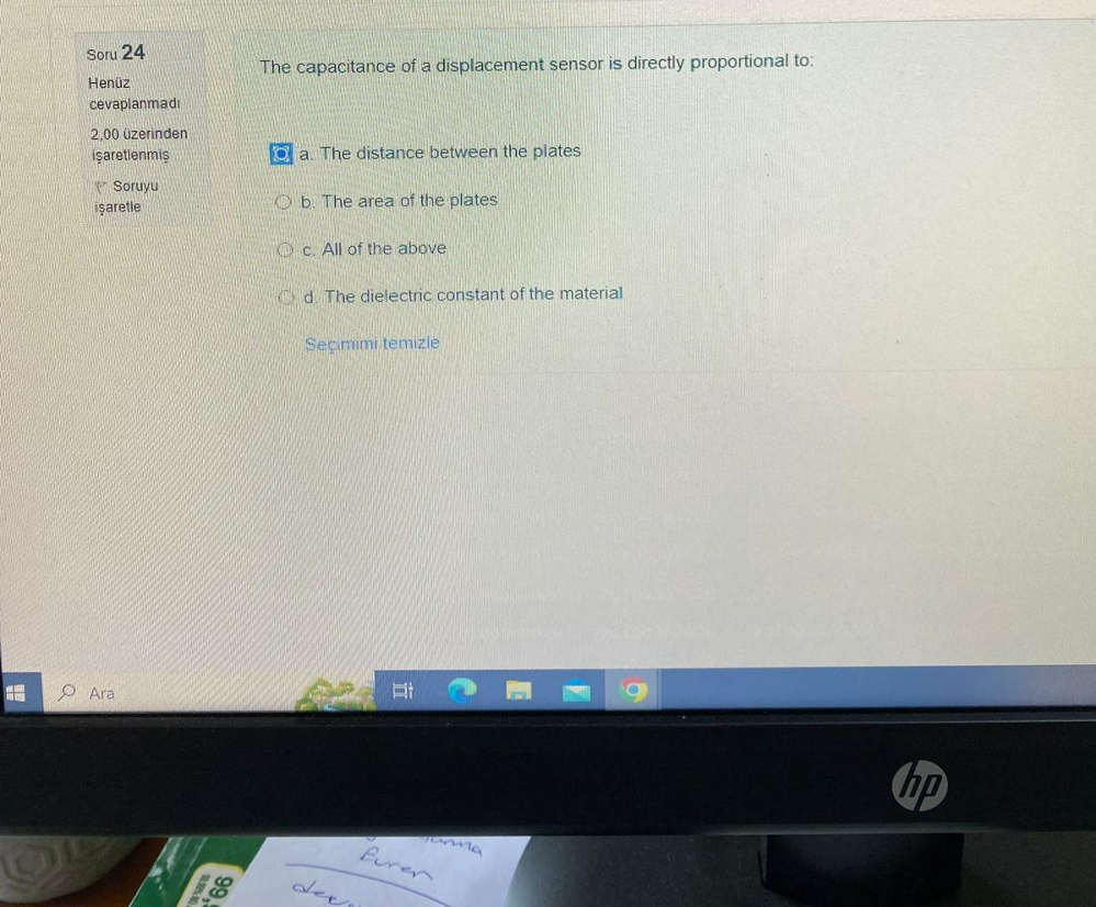Solved The capacitance of a displacement sensor is directly | Chegg.com