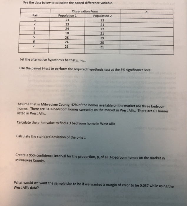 Solved Use the data below to calculate the paired difference | Chegg.com