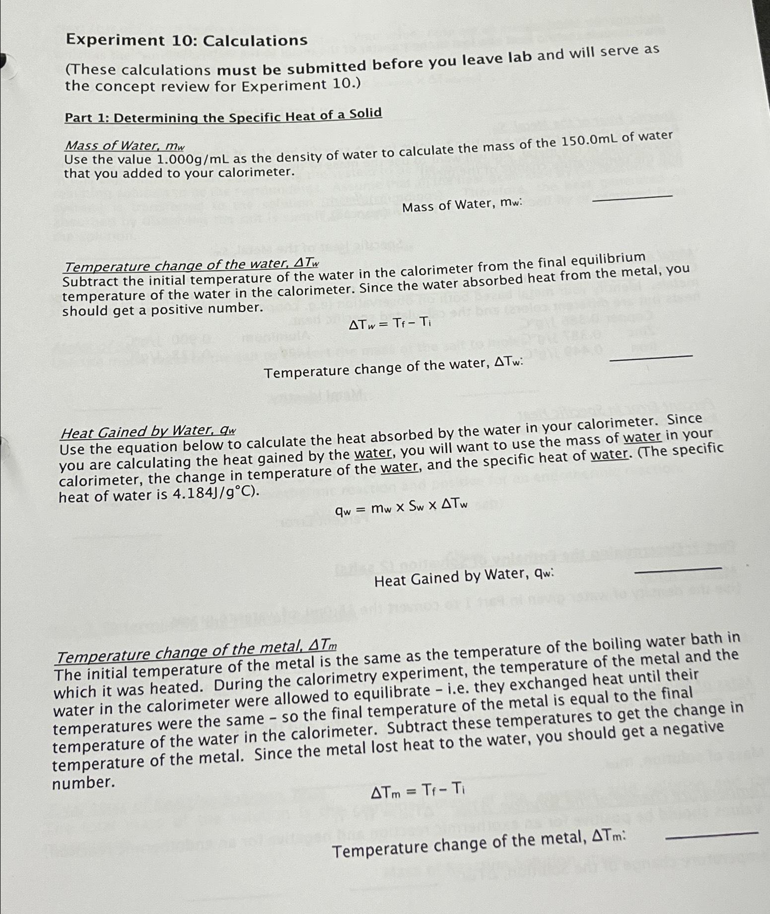 Solved Experiment 10: Calculations(These calculations must | Chegg.com