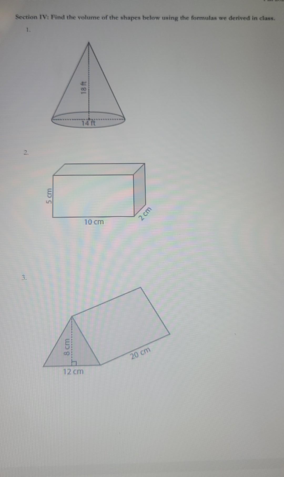 Solved volume formulas volume of a prism/cylinder: V=B×h ( | Chegg.com