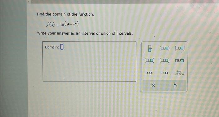 Solved Find the domain of the function. f(x)=ln(9−x2) Write | Chegg.com