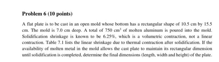 Solved Problem 6 (10 points) A flat plate is to be cast in | Chegg.com