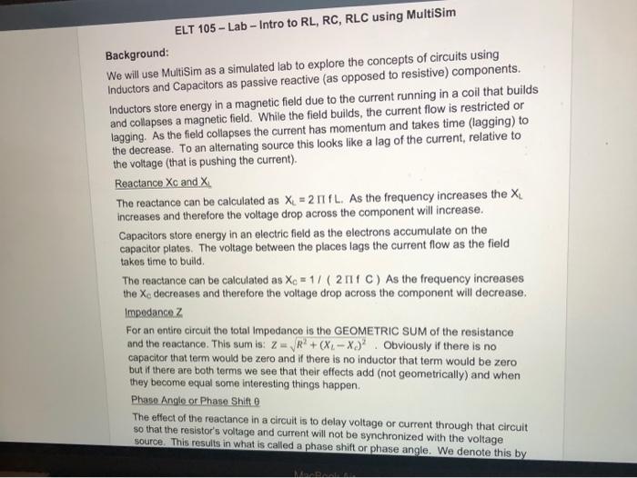 Solved ELT 105 - Lab - Intro to RL, RC, RLC using Multisim | Chegg.com