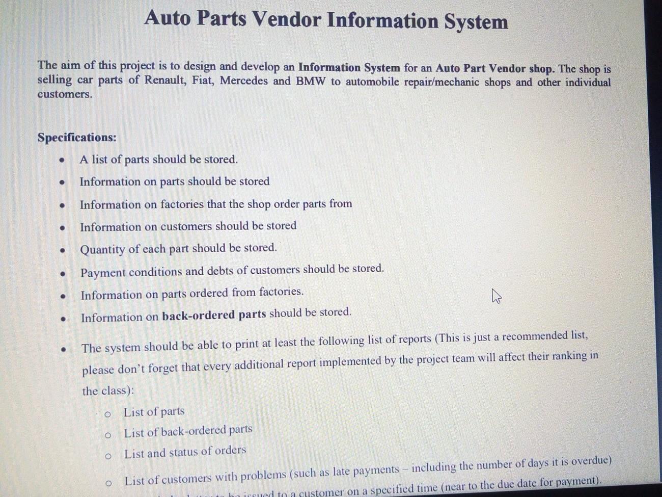Solved Auto Parts Vendor Information System The aim of this | Chegg.com