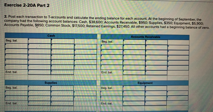 Solved Exercise 2-20A Record transactions, post to T- | Chegg.com