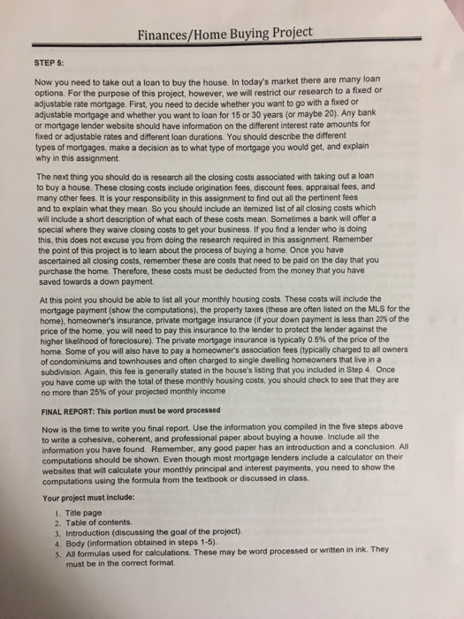 Finances/Home Buying Project OBJECTIVES: Your task is | Chegg.com