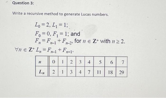 Solved Write a recursive method to generate Lucas numbers. | Chegg.com