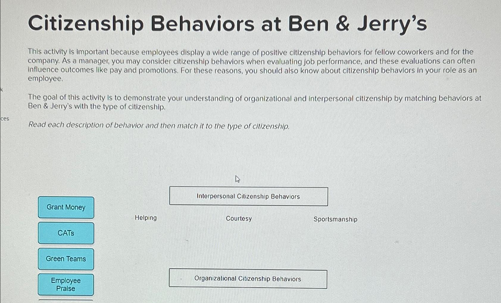 Solved Citizenship Behaviors at Ben & Jerry'sThis activity | Chegg.com