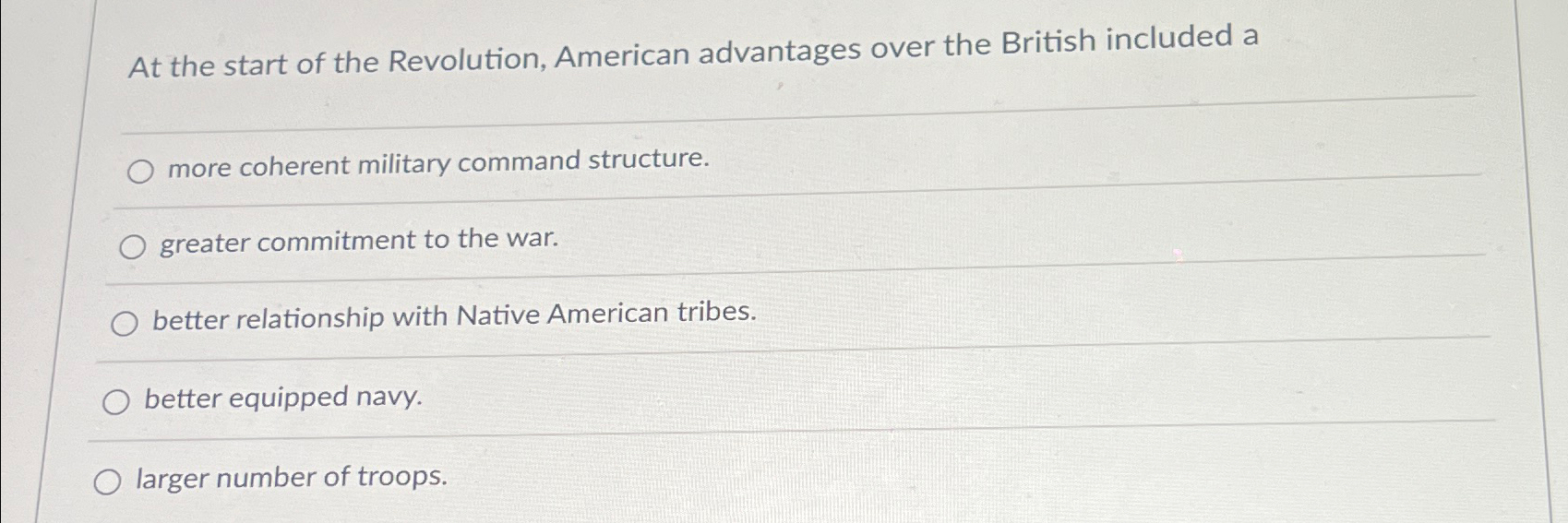 Solved At the start of the Revolution, American advantages | Chegg.com