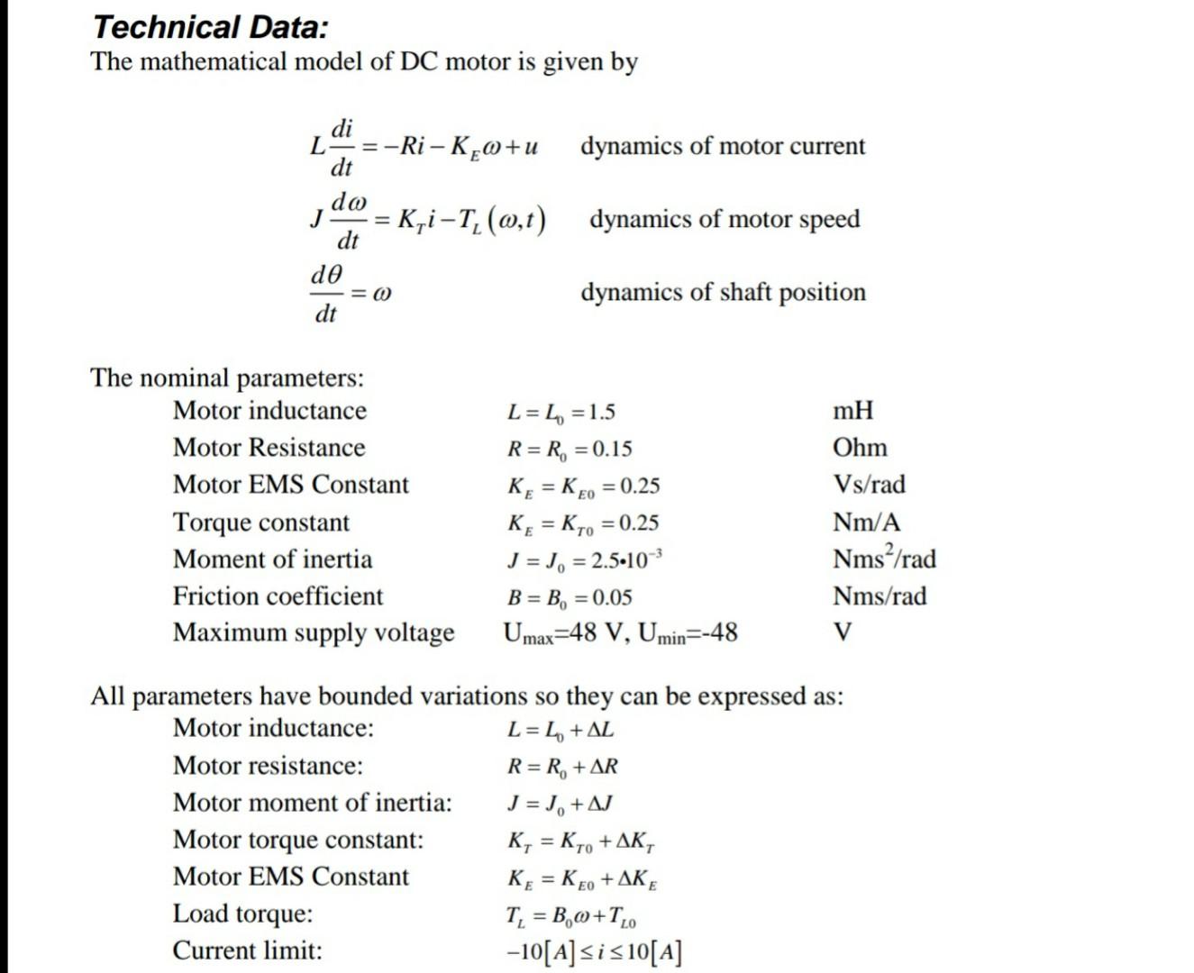 Technical Data: The mathematical model of DC motor is | Chegg.com