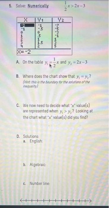 Solved 5. Solve: Numerically 1/2 x > 2x-3 x3 X Y2 Y1 -1 | Chegg.com