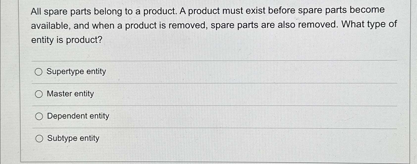 Solved All spare parts belong to a product. A product must | Chegg.com