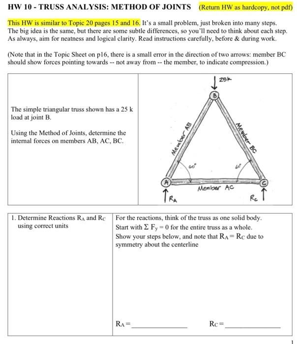 Solved HW 10 - TRUSS ANALYSIS: METHOD OF JOINTS (Return HW | Chegg.com