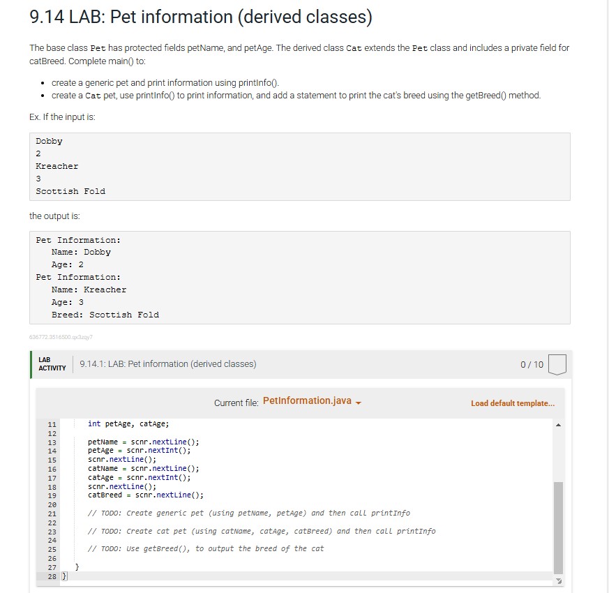 Solved 9.14 ﻿LAB: Pet information (derived classes)JAVAThe | Chegg.com