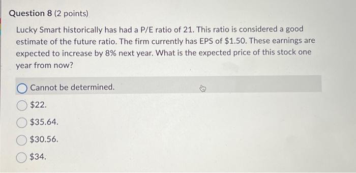 Solved Lucky Smart historically has had a P/E ratio of 21 . | Chegg.com